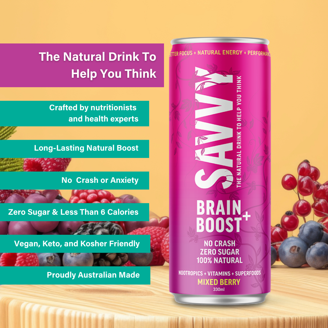 Savvy Beverage Nootropics, Brain Boost Energy Drink Alternative, Zero Sugar